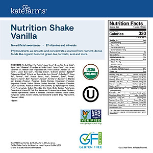 KATE FARMS Organic Plant Based Nutrition Shake, Vanilla, 16g protein, 27 Vitamins and Minerals, Meal Replacement, Protein Shake, Gluten Free, Non-GMO, 11 oz (12 Pack)