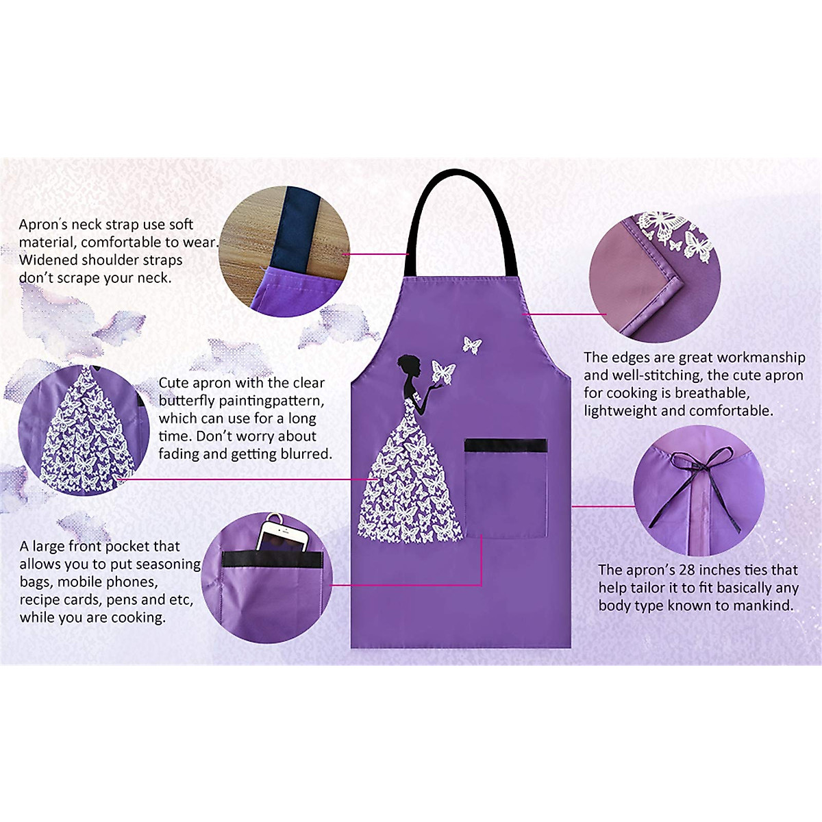 Moolecole Womens Kitchen Aprons Waterproof Bib Overalls Anti-Oil Stain Adult Sleeveless PVC Butterfly Pinafore Apron with One Pockets for Cooking Baking Purple, Valentine's Day Gift