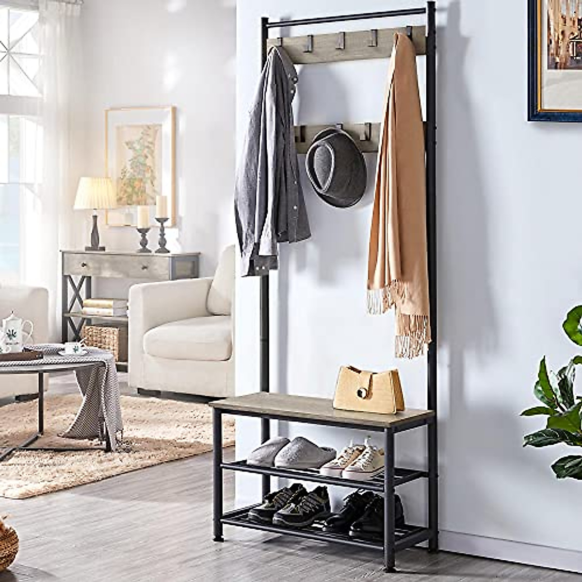 Yaheetech 3-in-1 Hall Tree Coat Rack with Shoe Storage Bench, Entryway Coat Rack Shoe Bench with 9 Movable Hooks, Industrial Accent Furniture with Metal Frame, Easy Assembly, Gray