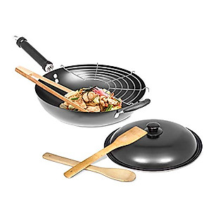 Imperial Home Carbon Steel Wok Frying Pan Set for Stir Fry & Everyday Cooking, Nonstick, Kitchen Cookware with Heat Resistant Handle, For All Stove Types, Includes Lid, Grill, Spatula, Spoon & Tongs