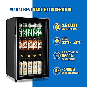 WANAI Beverage Refrigerator Cooler Mini Fridge Glass Door 125 Can Beer Fridge Drinks Wines Juice Soda Cooler 3 Adjustable Shelves Blue LED Lights Temp Control for Home Dorm Bar Office