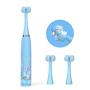 Sunartec Kids Electric Toothbrush, Six-Sided Inside and Outside Cleaning Rechargeable Sonic Toothbrushes with Timer &2 Brush Heads & Four Cleaning Modes, Training Brushing Teeth for Kids Gifts(Blue)
