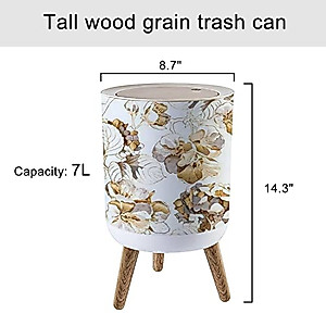 Small Trash Can with Lid Seamless with a Gold Hydrangea and Cherry Flowers Round Recycle Bin Press Top Dog Proof Wastebasket for Kitchen Bathroom Bedroom Office 7L/1.8 Gallon