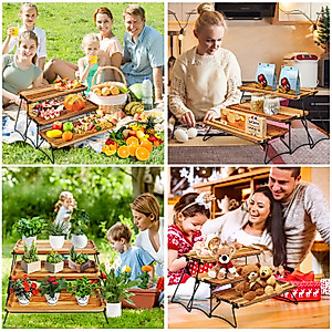 3 Tier Wooden Cupcake Stand Serving Tray, FODIENS Acacia Wood Dessert Table Display Set with Foldable Iron Frame, Decorative Tiered Charcuterie Boards Serving Trays Platters for Party Entertaining