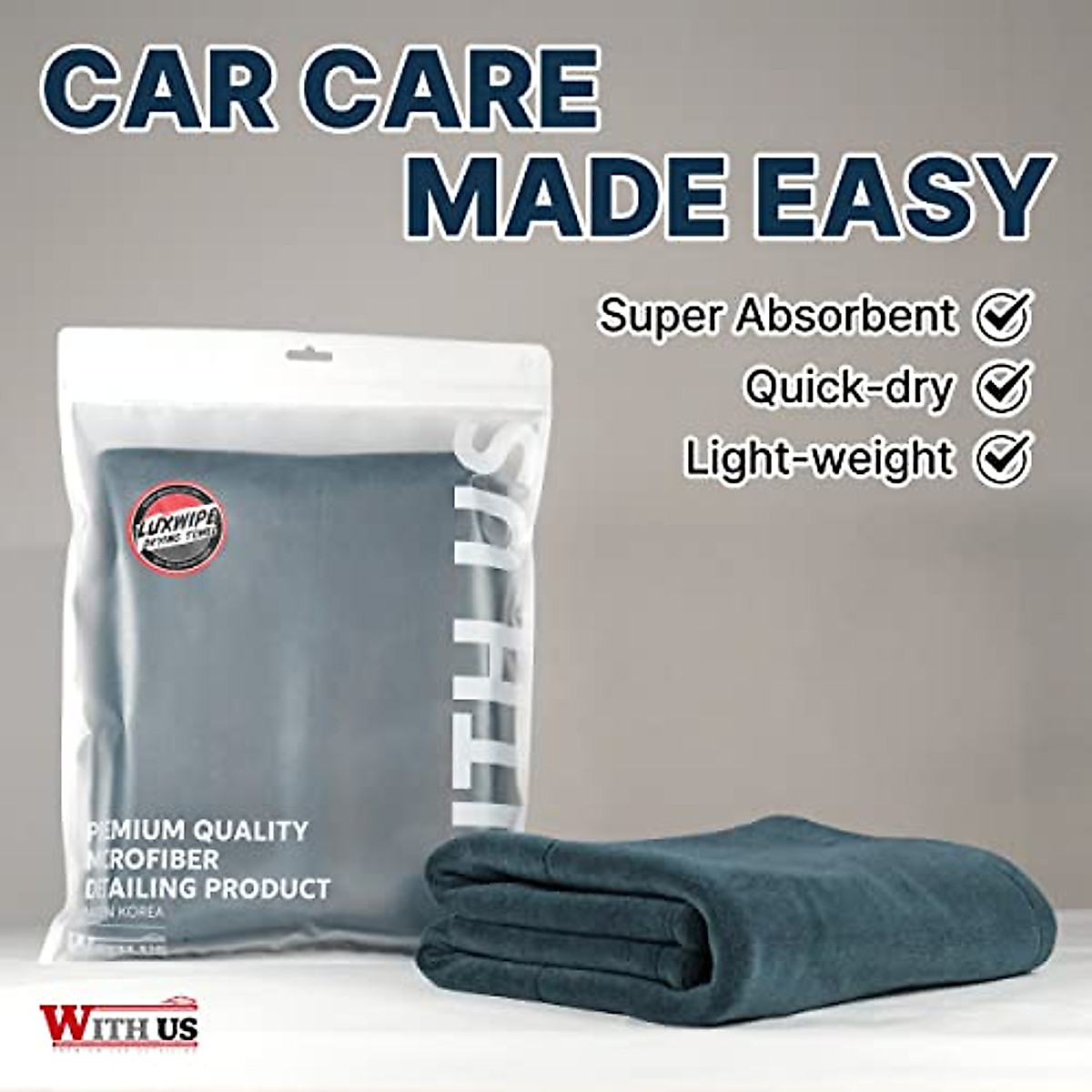 WITHUS LuxWipe Korean Microfiber Towels for Cars - Large Size for Cleaning, Drying & Car Care, Premium Cloth Featuring Lint-Free Edge-Less to Prevent Scratching 20 x 28