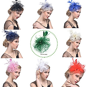 Women Fascinator Hat Wedding Fascinator Pillbox Hat Party Hat Bridal Hair Accessories Feather Flower Dotted Mesh Hat Beaded Black, One Size