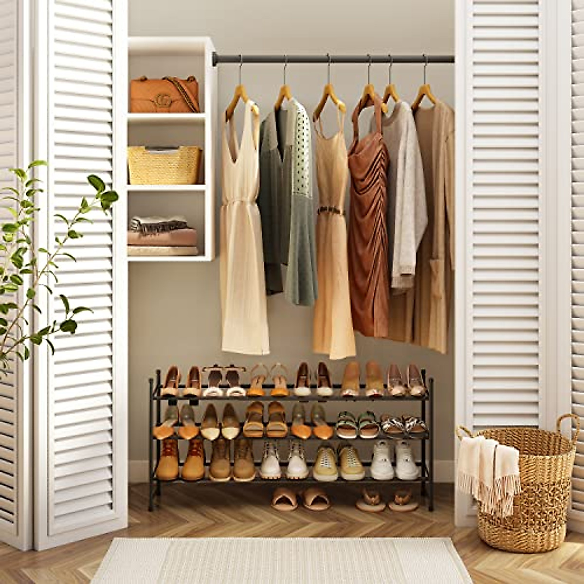 Tajsoon Expandable Shoe Rack Organizer, 3 Tier Adjustable Metal Iron Shoe Shelf, Shoe Storage Organizer for Closet Bedroom Entryway, Black