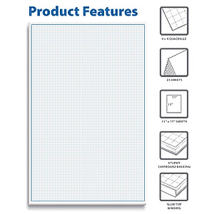 Graph Paper Pad, 17" x 11", 25 Sheets, Blue Line Border, Blueprint Paper, Double Sided, White, 4x4 Blue Quad Rule, Easy Tear Sheets, Grid Paper, Graph Paper by Better Office Products