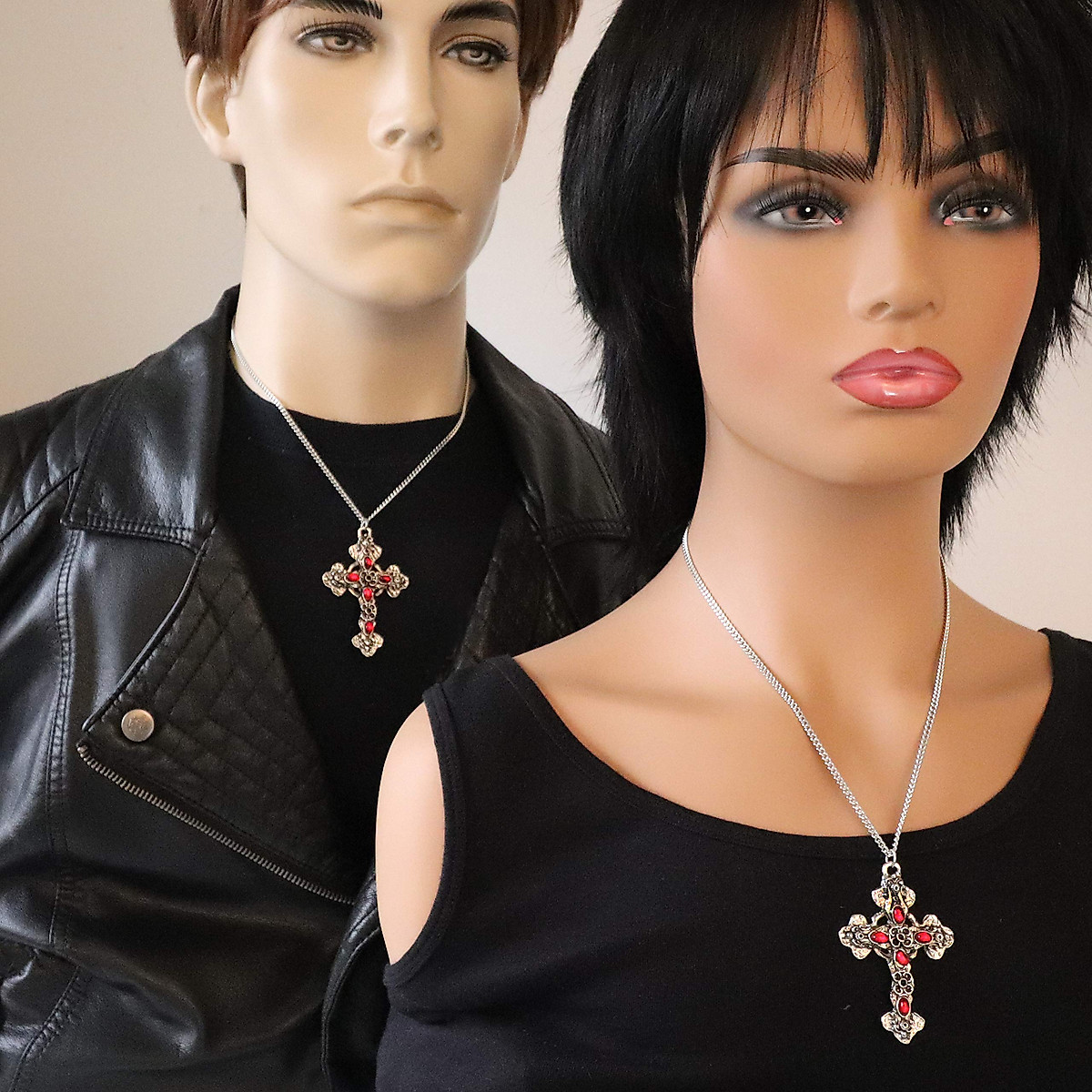 Gothic Filigree Cross with Red Stones Medieval Renaissance Pewter Pendant Necklace