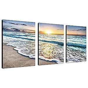 TutuBeer 3 Panel Beach Canvas Wall Art for Home Decor Blue Sea Sunset White Beach Painting The Picture Print On Canvas Seascape The Pictures for Home Decor Decoration,Ready to Hang