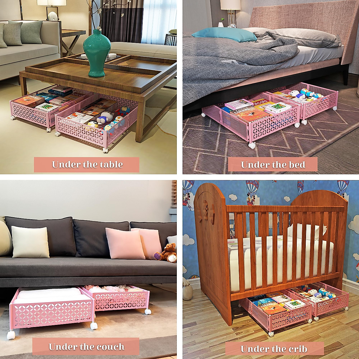 Under Bed Storage with Wheels - 2 pack - Collapsible Underbed Containers Dorm Organizer Bins for Shoe Shoes Clothes Toys - Pink