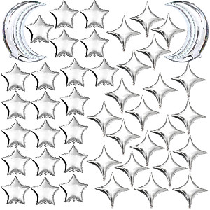 42pcs Silver Star Balloons Silver Moon Balloons Star Balloons Metallic Moon and Star Balloons for Ramadan Eid Mubarak Decorations Graduation, Baby Shower, Space Birthday Party Decorations Supplies