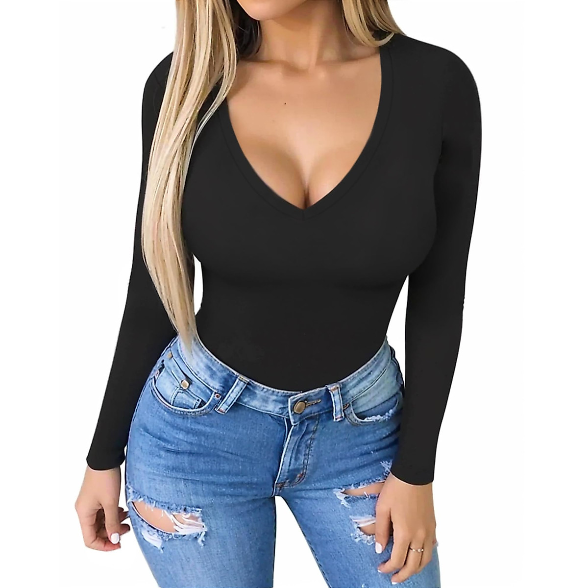 MANGOPOP Black Bodysuit Long Sleeve V Neck Body Suit for Women Tops