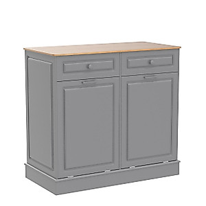 Anbuy Double Kitchen Trash Cabinets Dual Tilt Out Trash Cabinet with Two Solid Wood Hideaway Trash Holder Drawers, Free Standing Recycling Cabinet Trash Can Holder (Dual Gray)