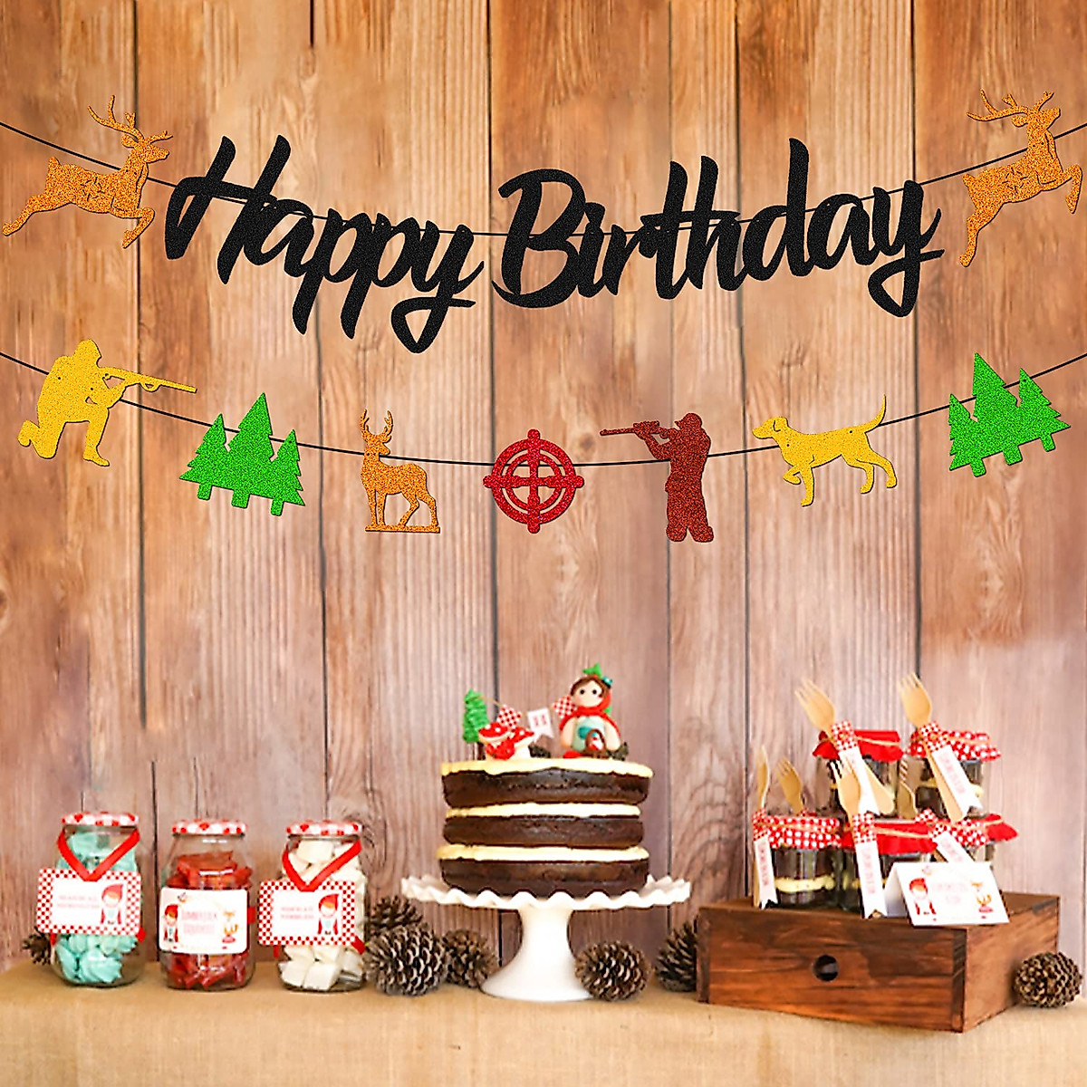 Ohiviaaa Deer Hunting Banner Gone Hunting Hunter Camping Themed for Kids Boy Girl Men Happy Birthday Party Supplies Black Glitter Decorations