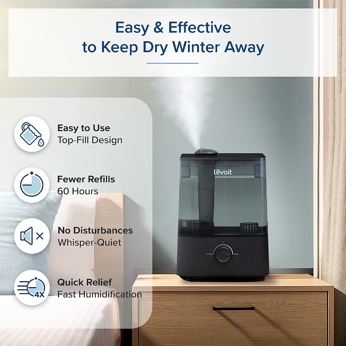 LEVOIT Humidifiers for Bedroom Large Room, 3L Cool Mist Top Fill Oil Diffuser & LEVOIT 60-Hour Humidifiers for Bedroom, 6L Quiet Cool Mist Top Fill Air Vaporizer