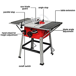 TUFFIOM 10inch Table Saw w/Port for Connecting Dust Collector, Portable Benchtop Table Saw w/ 60T Blade, Stand & Push Stick, 5000RPM, Adjustable Blade Height, 90°Cross Cut & 0-45°Bevel Cut