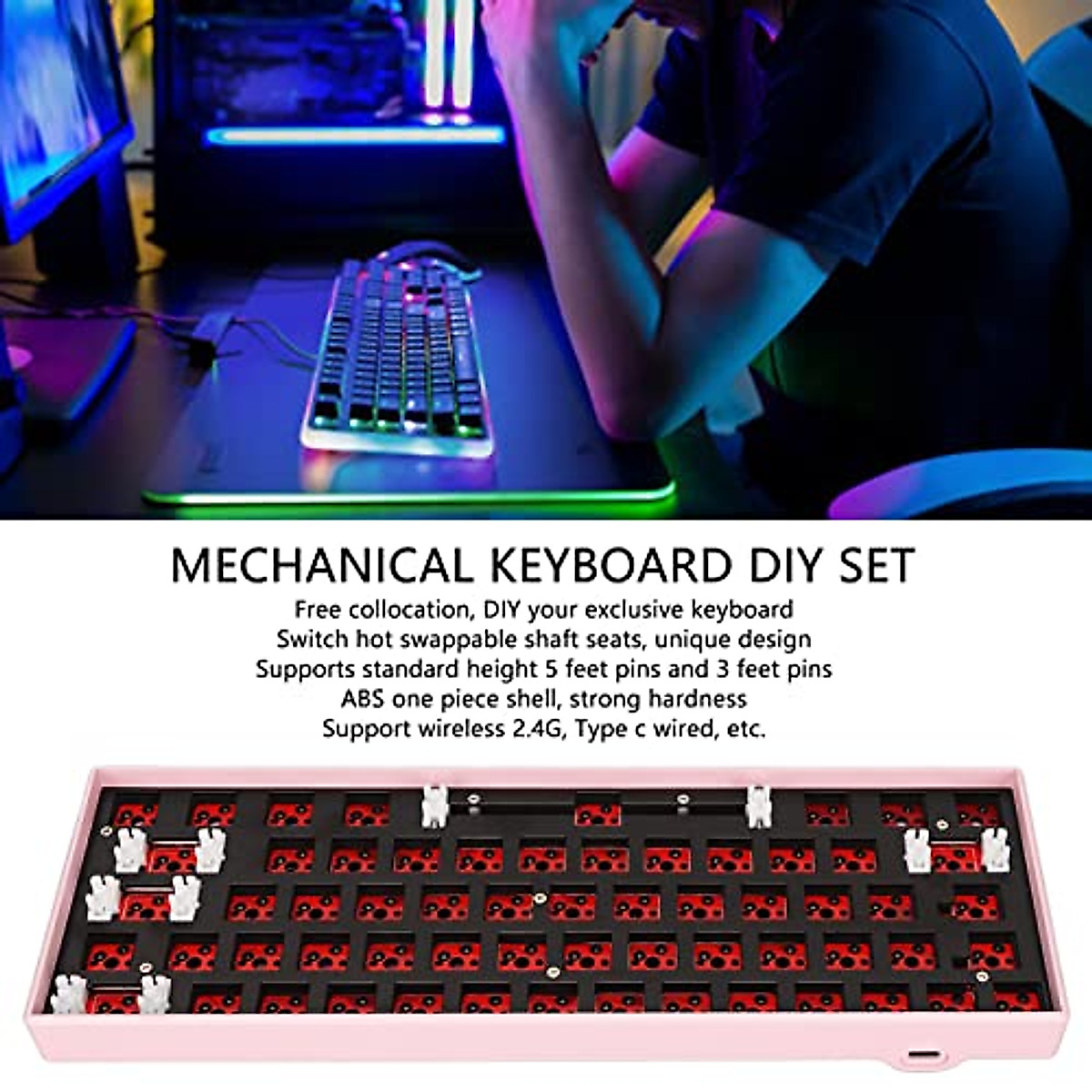 Naroote Modular Mechanical Gaming Keyboard, Wide Compatibility 61 Keys Mechanical Keyboard DIY Kit with ABS Shell RGB (Pink)