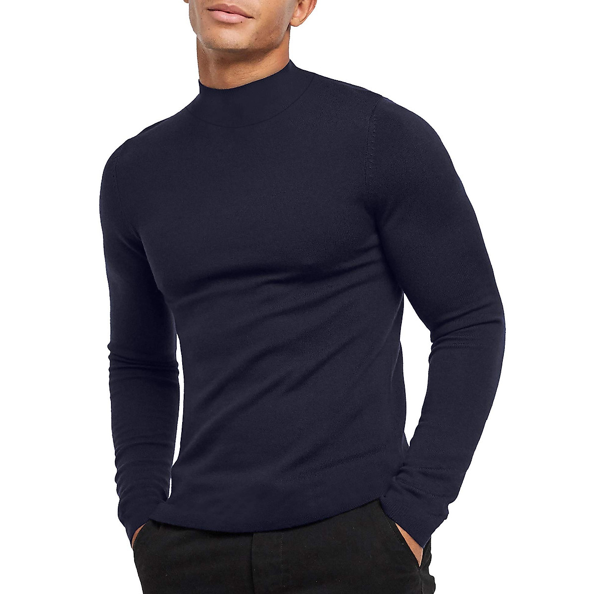KINGBEGA Men's Regular Fit Basic Lightweight Long Sleeve Pullover Shirt Mock Turtleneck, Navy Blue1, Medium