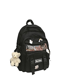 Aoakva Kawaii Solid Color Backpack Trendy Travel Bag with Cute Bear Pendant (Black pendant)