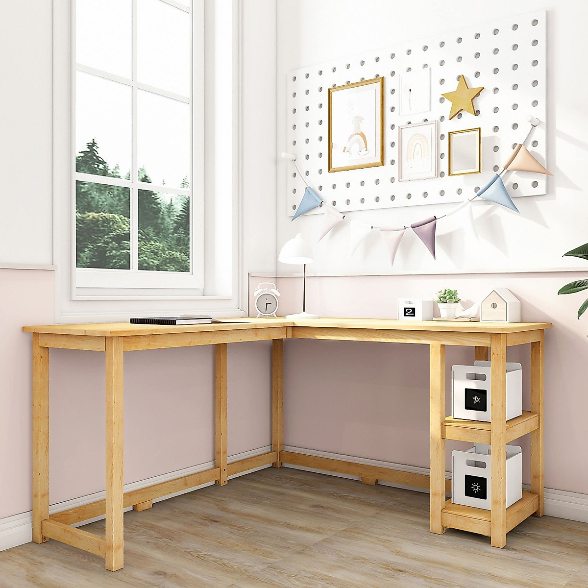 Max & Lily L Shaped Desk, Corner Desk for Home Office, Gaming, Computer with Storage Shelves, 55 x 55 Inches, Natural