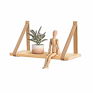 Mkono Hanging Shelf Wall Wood Floating Storage Shelves Leather Strap Swing Organizer for Nursery Bedroom Living Room Bathroom Dorm, Set of 2