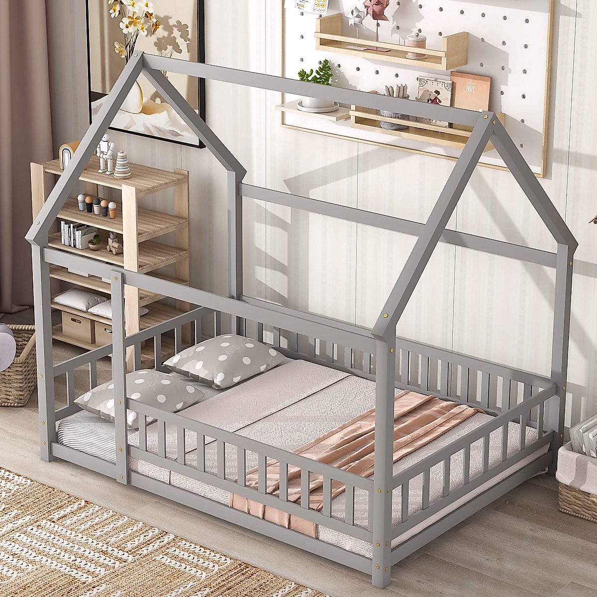 HZHOME Size House Floor Bed Wooden Montessori Bed with Fence and Roof for Kids Playhouse Style Bed Frame for Girls Boys Teens, Grey