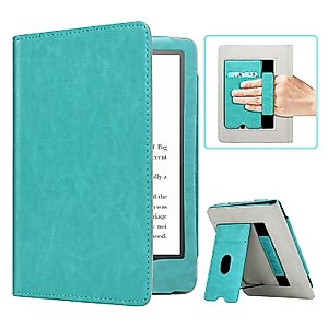 RSAquar Case for 6.8" Kindle Paperwhite (11th Generation-2021) and Kindle Paperwhite Signature Edition, Slim PU Leather Cover with Auto Sleep Wake, Hand Strap, Card Slot and Foldable Stand, Sky Blue