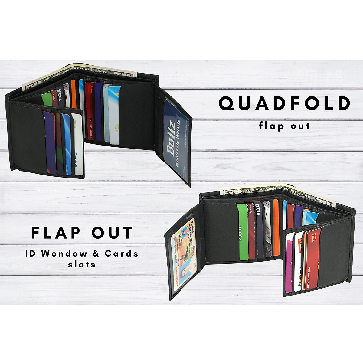 Bullz Genuine Nappa Cow Leather Thick Dual Credit Card ID Flap Quad Fold Large Bifold Mens Wallet Passcase RFID