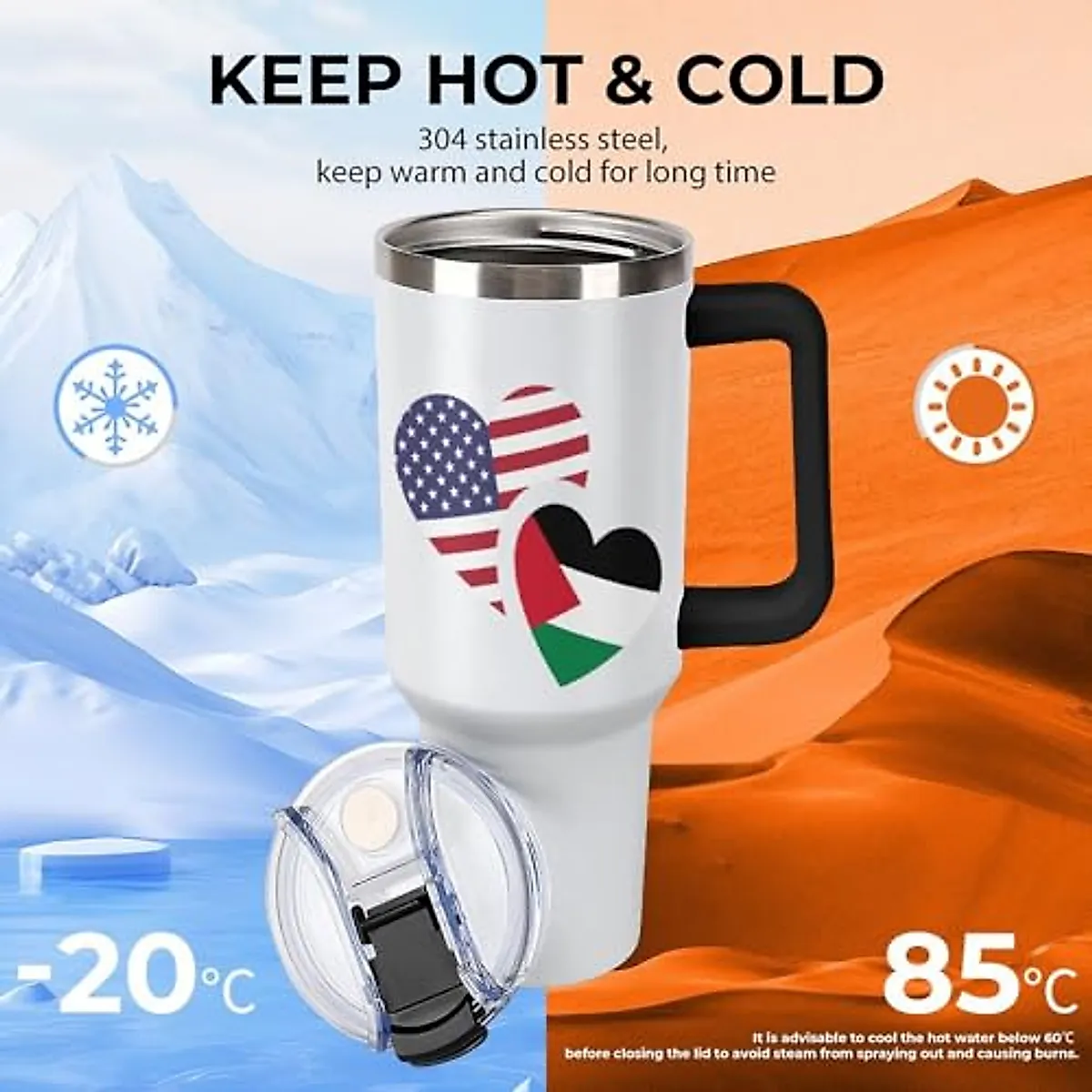 Palestine U.S. Flag 40oz Water Bottle Double Wall Insulated Tumbler with Handle Leakproof Travel Mug Black-style