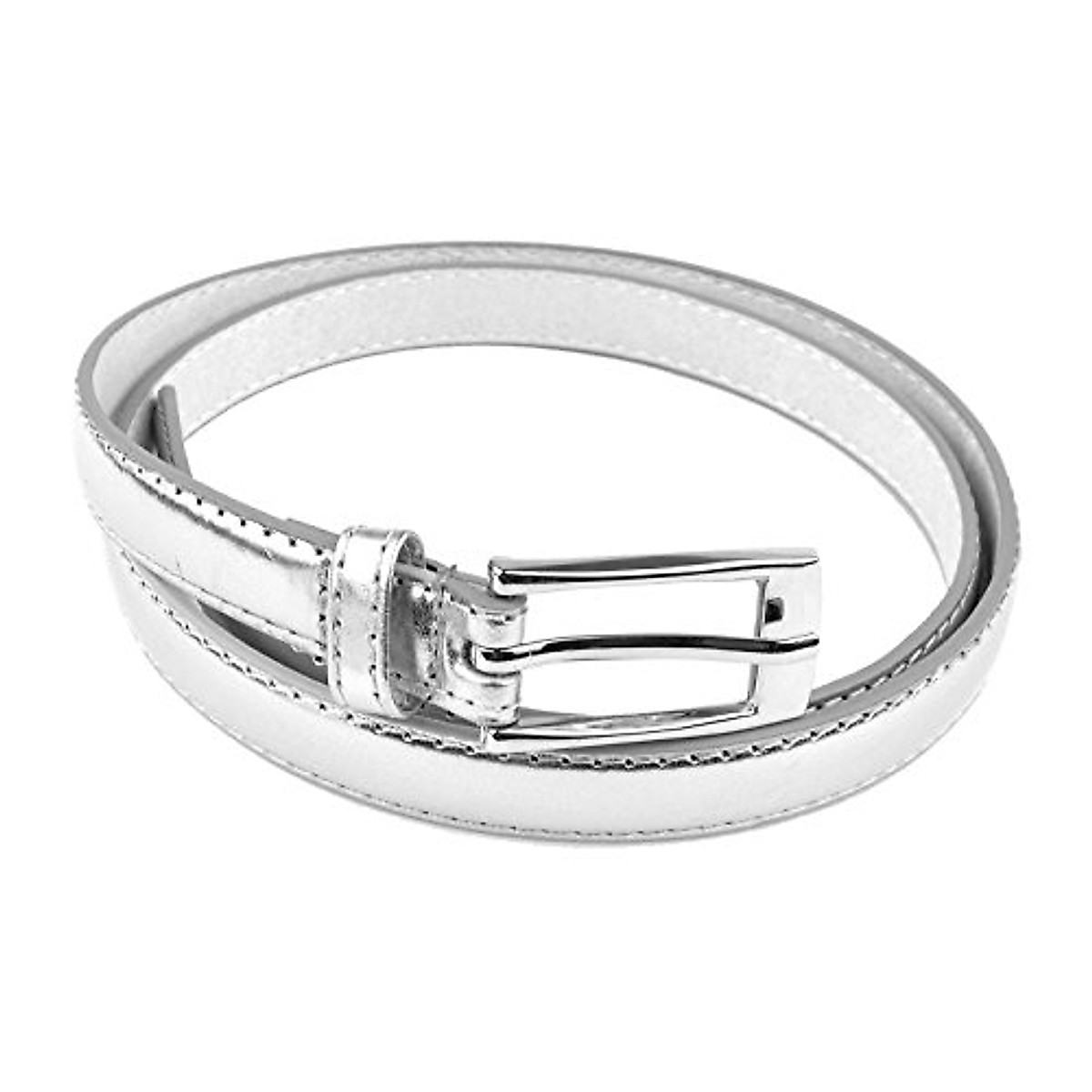 Belle Donne Women Skinny PU Leather, Dress, Silver Belts, Womens Belt with Silver Polished Buckle, Silver Medium