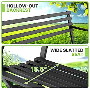 Magshion Metal Garden Bench for Outdoors, 2-Person Slatted Garden Bench with Armrest and Backrest, 485 lbs Capacity, Black