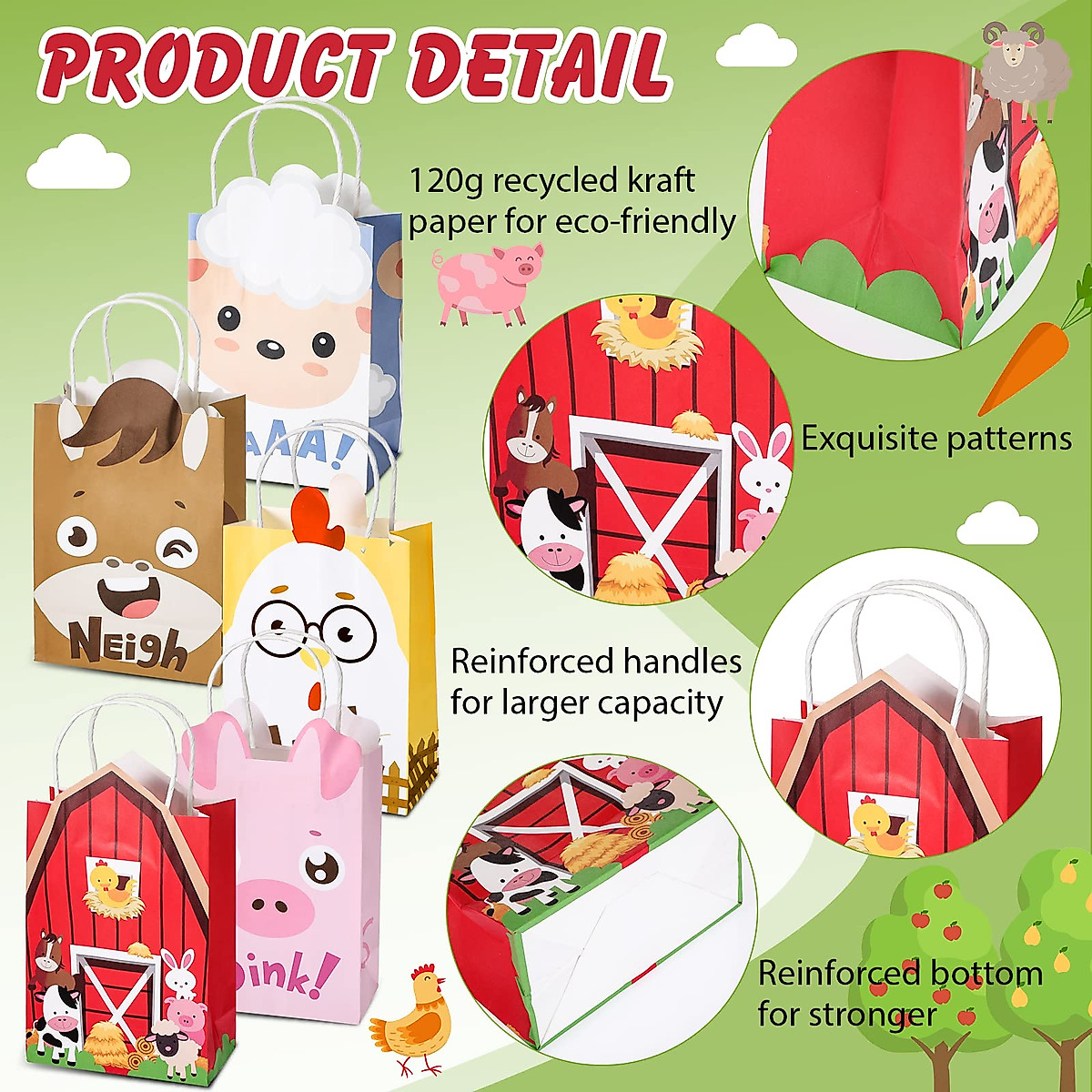 Tallew Farm Animal Party Favor Bags with Handles, Barnyard Birthday Gift Treat Goody Bags Kraft Paper Candy Gift Bag for Kids
