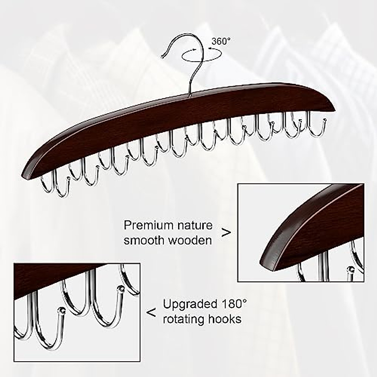 Belt Hanger Organizer, Upgraded Tie and Belt Organizer, 20 Hooks Wooden Belt Rack for Storage, 360°Rotating Space Save Belts Organizer for Tie, Tank Top, Scarf, Stored Up to 60 Belts-Red