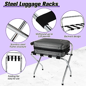 Therwen 4 Pack Steel Folding Foldable Luggage Rack with Back Suitcase Stand Shelf with Support Bar Folding Metal Suitcase Stand with Belts for Bedroom Hotel Guest Room, Chrome Silver