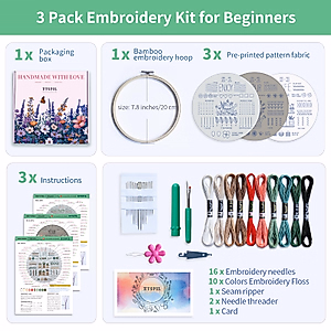 ETSPIL 3 Pack Beginner Embroidery Kits for Adults DIY Starter Kit with 33 Stitch Techniques, Stamped Patterns, Embroidery Hoop, Colorful Threads, Tools, Step by Step Instructions & Video Tutorial