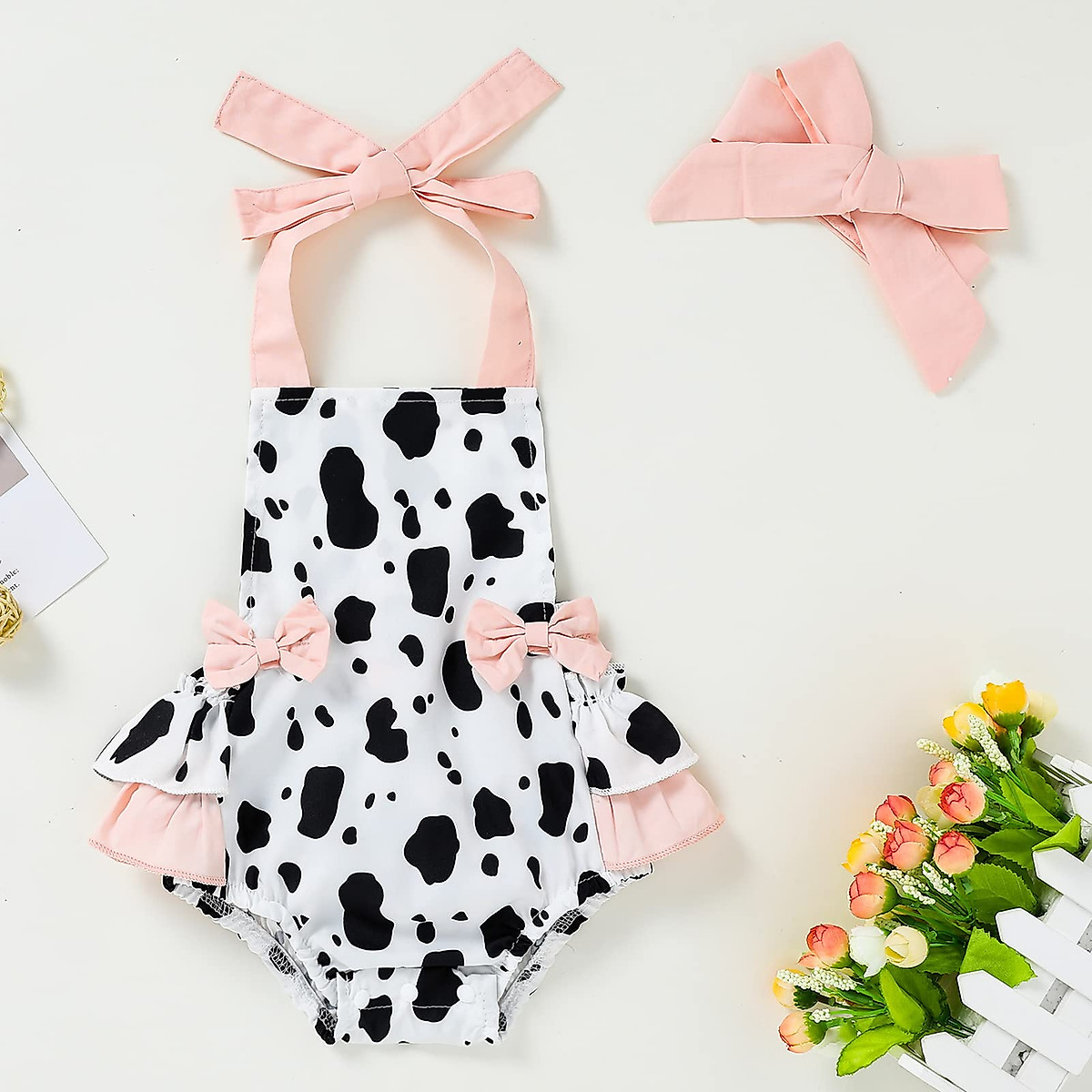 GRNSHTS Infant Baby Girls Ruffle Romper Toddler Sleeveless Halter Bodysuit Jumpsuit+Headband Summer Clothes Cow 12-18 Months Pink&black