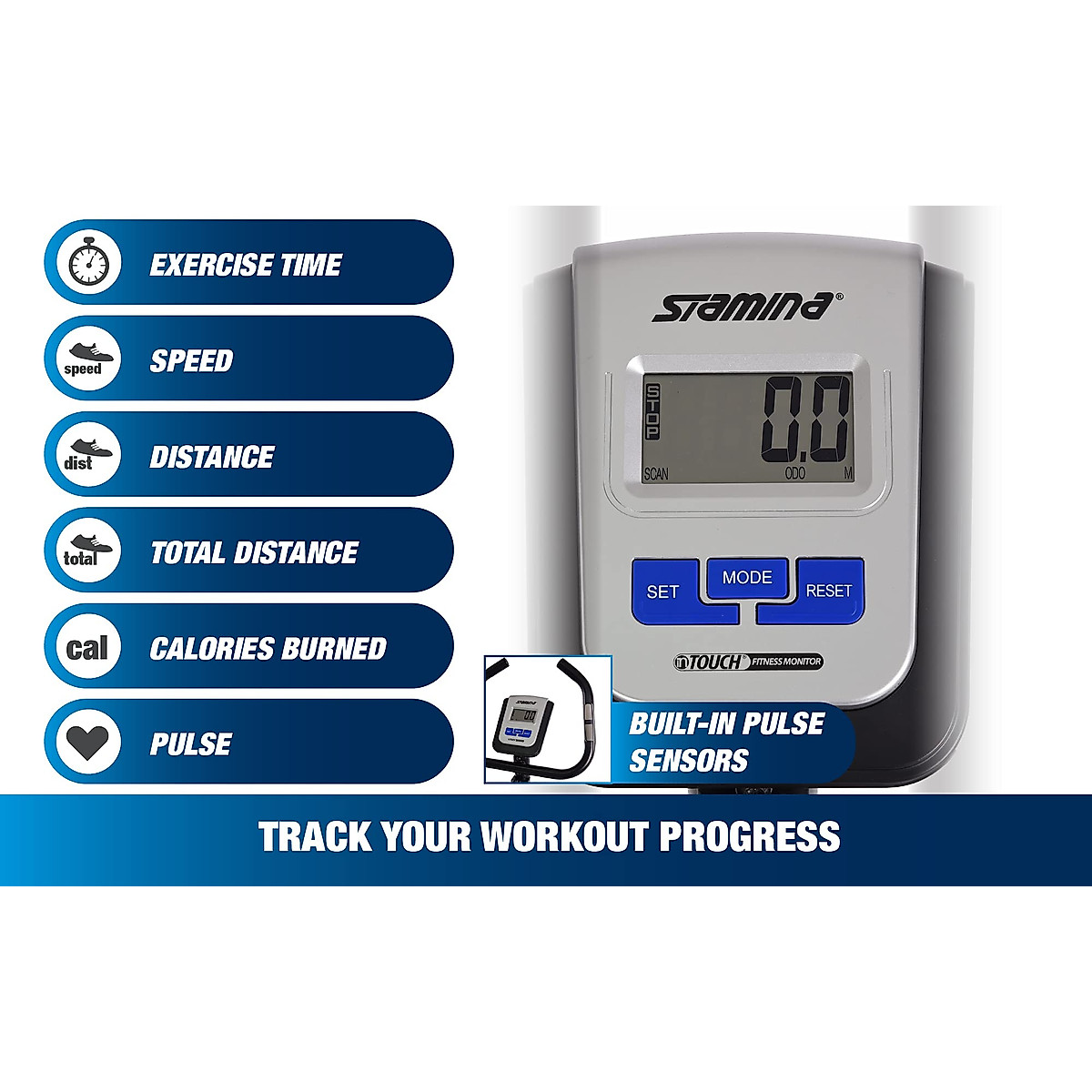 Stamina Magnetic Upright Exercise Bike 1310 - Smart Workout App, No Subscription Required - 8 Levels Smooth, Quiet Magnetic Resistance - Easy-to-Use Fitness Monitor - Integrated Heart Rate Sensors