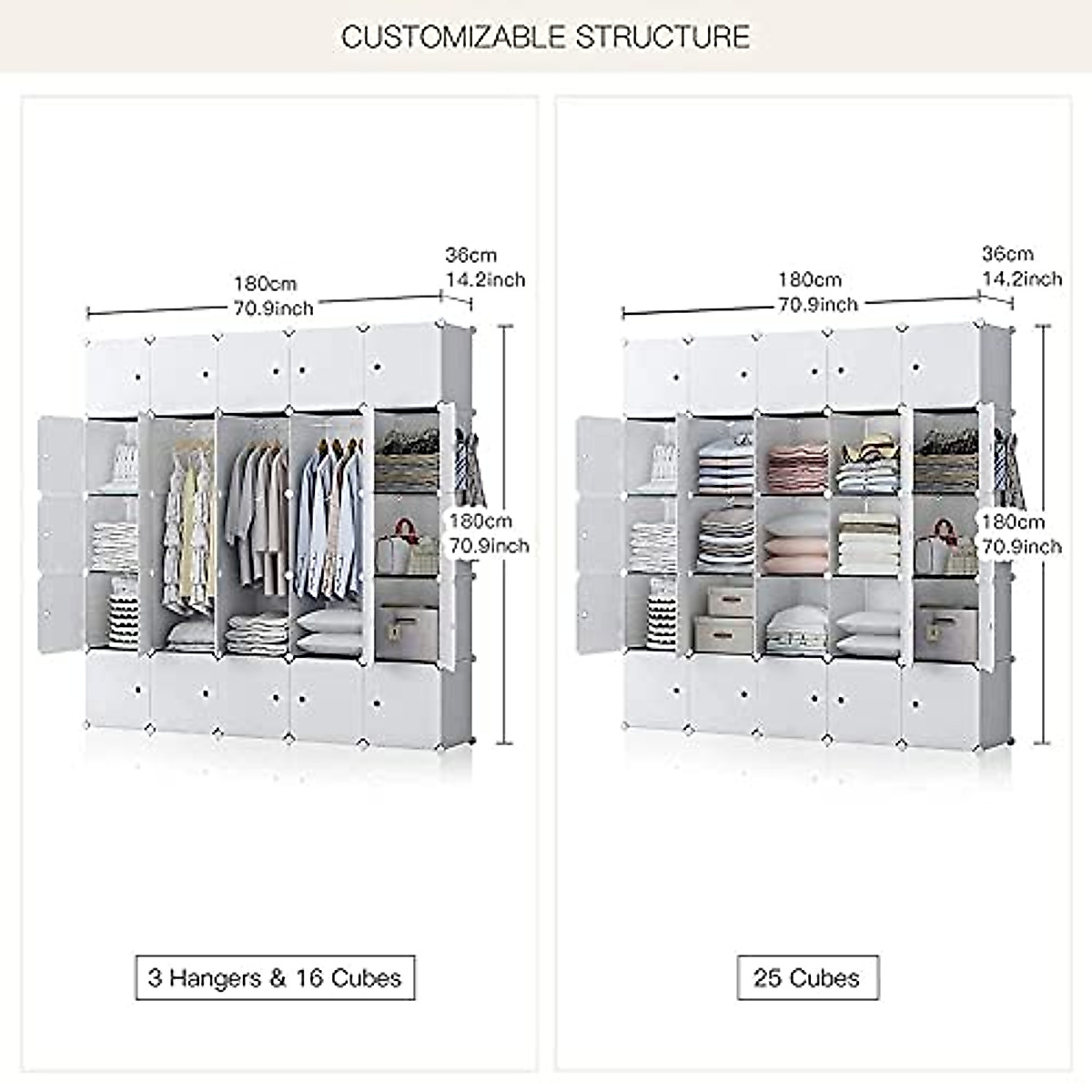 YOZO Cube Storage Organzier Portable Closet Wardrobe Bedroom Dresser (71x14x71 inches) Portable Closet Cube Shelf Armoire Pantry Cabinet, 25 Cubes, White