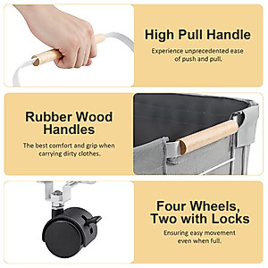 TOOLF Rolling Laundry Hamper, Large Laundry Basket with Handle, Metal Frame Clothes Hamper for Bedrooms, Tall Laundry Bin with Cloth Covers, Grey