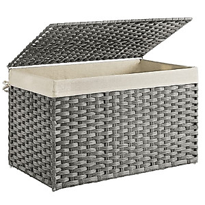 SONGMICS Storage Basket with Lid, Rattan-Style Storage Trunk with Cotton Liner and Handles, for Bedroom Closet Laundry Room, 29.9 x 17.1 x 18.1 Inches, Gray URST76WG