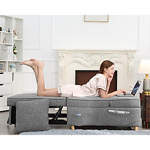 SEJOV Convertible Sofa Bed, 4-in-1 Sleeper Sofa Chair Bed with 6 Adjustable Backrest and Pillow,3-Seat Folding Ottoman Couch Bed Linen for Bedroom Small Space Living Room Office, Grey