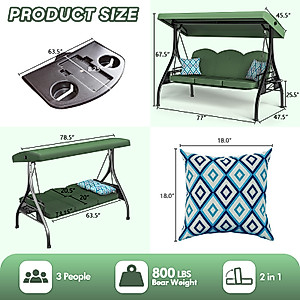 ZZW 3 Seat Outdoor Porch Patio Swing 800lbs 2-in-1 Patio Swing Glider Chair with Adjustable Canopy & Removable Cushion Outdoor Adult Swing with Stand for Yard Porch Garden Deck (Green, Square Tube)