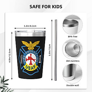 Usaf Fire Protection Insulated Stainless Steel Tumbler 12 Oz Thermos Come With Straw Leak-Proof Travel Mug Cup