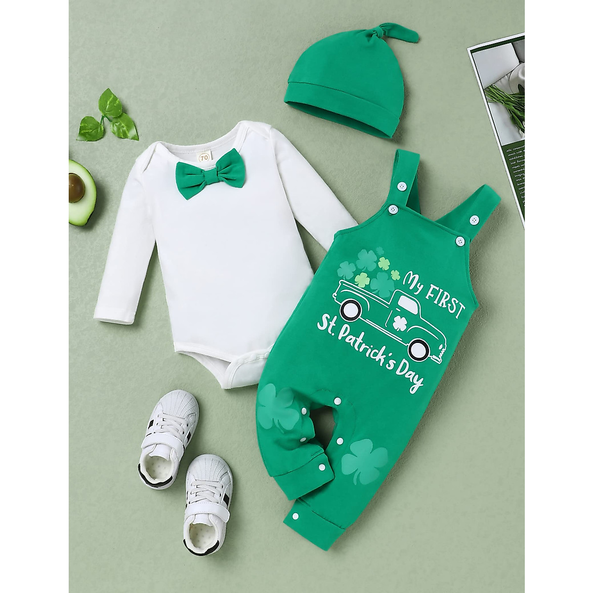 Baby Boy My First St Patricks Day Outfits Bow Gentleman Striped Top Lucky Clover Overalls Set 3PC 3-6 Months