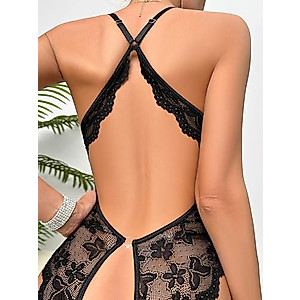 SOLY HUX Lingerie for Women Floral Lace Scallop Trim Teddy Lingerie Bodysuit Babydoll Plain Black L