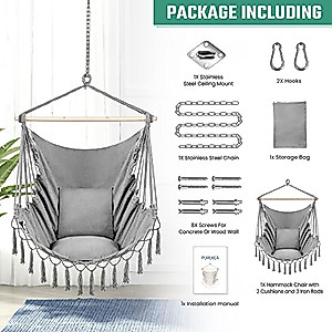 PUREKEA Oversized Hammock Chair with Hanging Hardware Kit, Swing Chair for Indoor & Outdoor, Max 330 Lbs, Include Carry Bag & Two Soft Seat Cushions (Light Grey)
