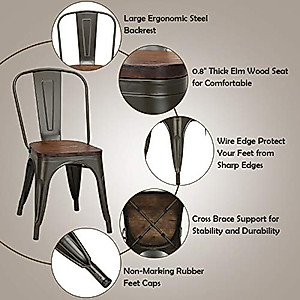 COSTWAY 18 Inch Dining Chair Set of 4, Industrial Vintage Stackable Metal Chairs, Counter Bar Chairs with High Backrest, Wood Seat, for Home, Kitchen and Cafe Bar Use