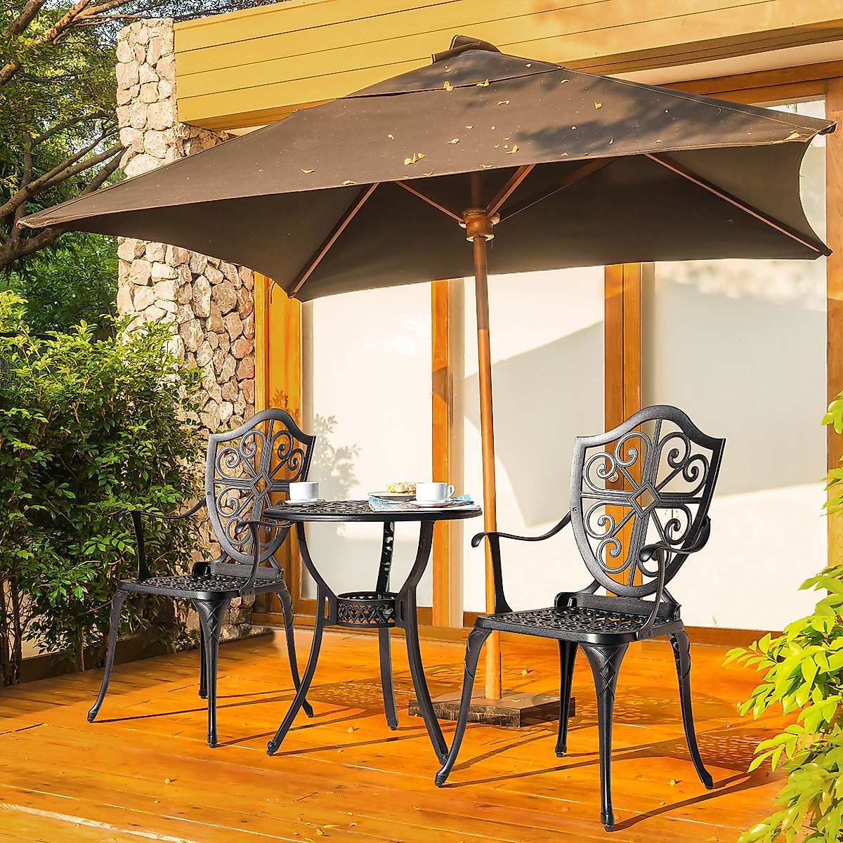 Nuu Garden Bistro Set 3 Piece Outdoor, Cast Aluminum Patio Bistro Sets with Umbrella Hole, Bistro Table and Chairs Set of 2 for Patio Backyard