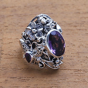 NOVICA Artisan Handmade .925 Sterling Silver Amethyst Citrine Cocktail Ring Unique Purple Yellow Indonesia Orchid Animal Themed Floral Birthstone Butterfly 'Frangipani Butterfly'